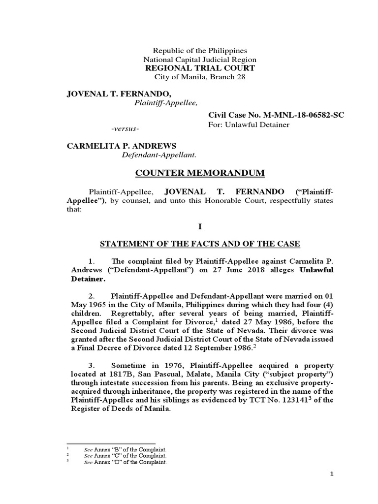 Counter Memo - Fernando v. Andrews | PDF | Supersedeas Bond | Complaint