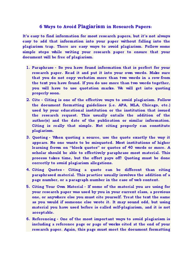 6 Ways To Avoid Plagiarism in Research Papers | PDF | Academic ...