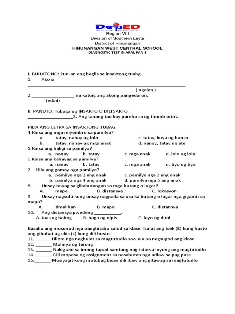 Diagnostic Test in Ap Grade 1 | PDF