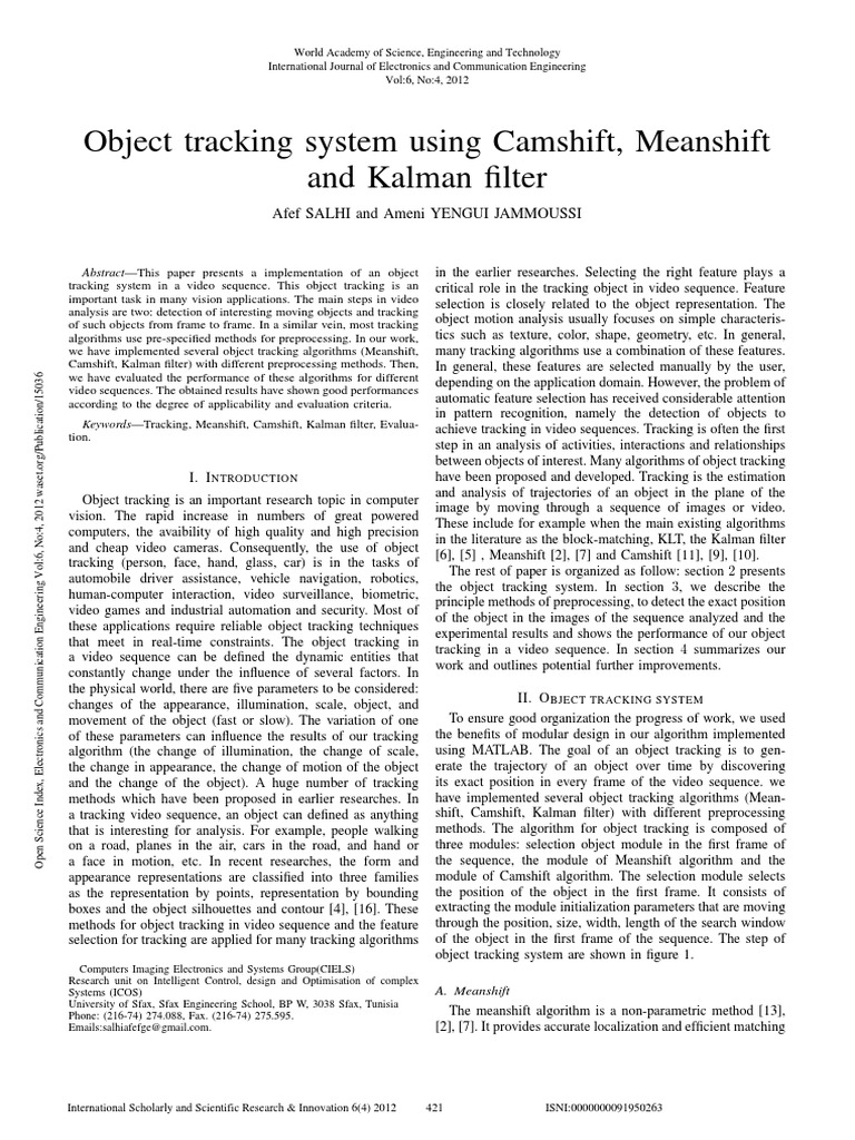 Object Tracking System Using Camshift Meanshift and Kalman Filter | PDF ...