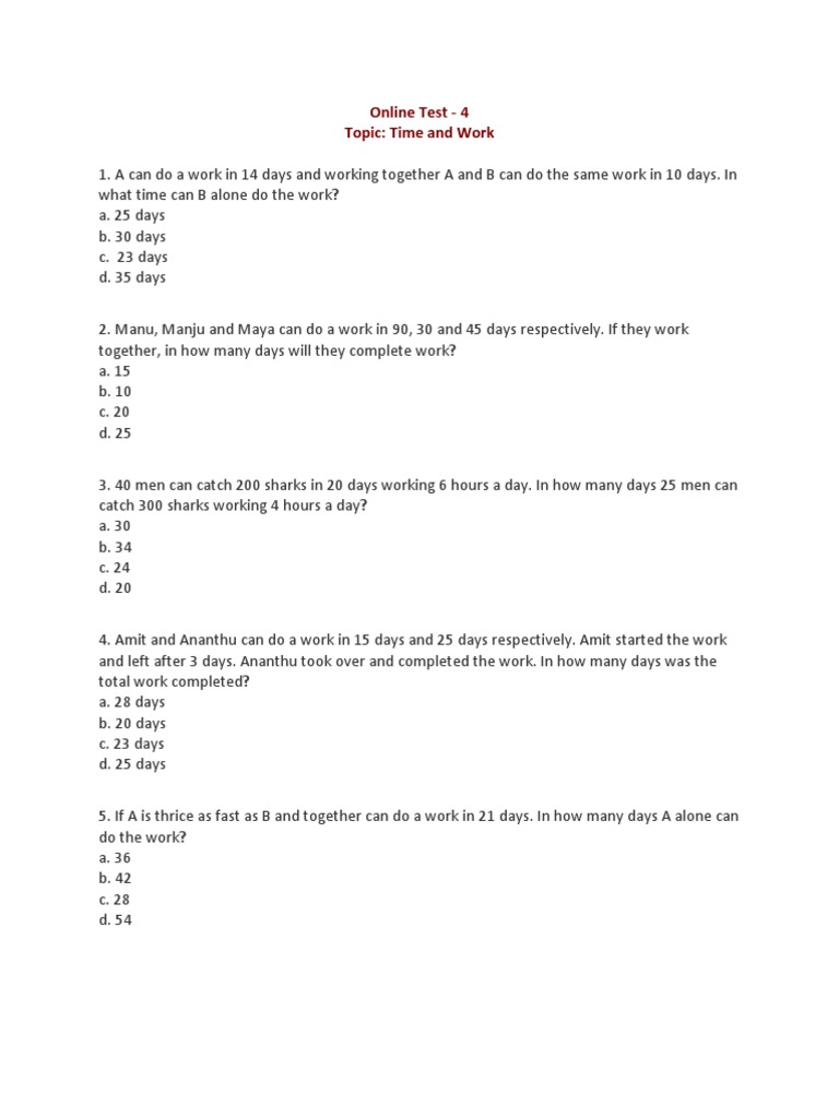 Online Aptitude Test - 4 Time and Work | PDF | Business