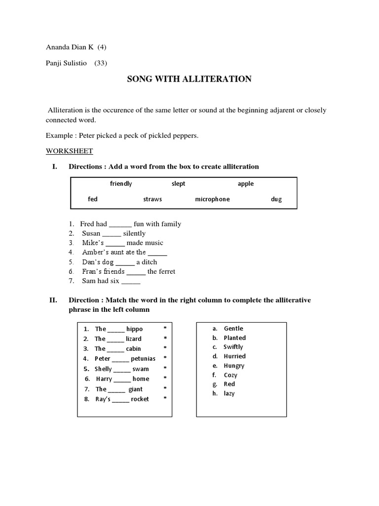 Song With Alliteration: I. Directions: Add A Word From The Box To ...