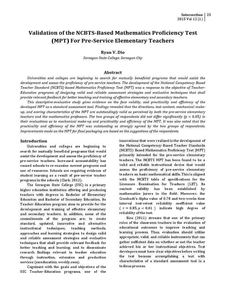 Validation of The NCBTS - Based Mathematics Proficiency Test (MPT) For ...