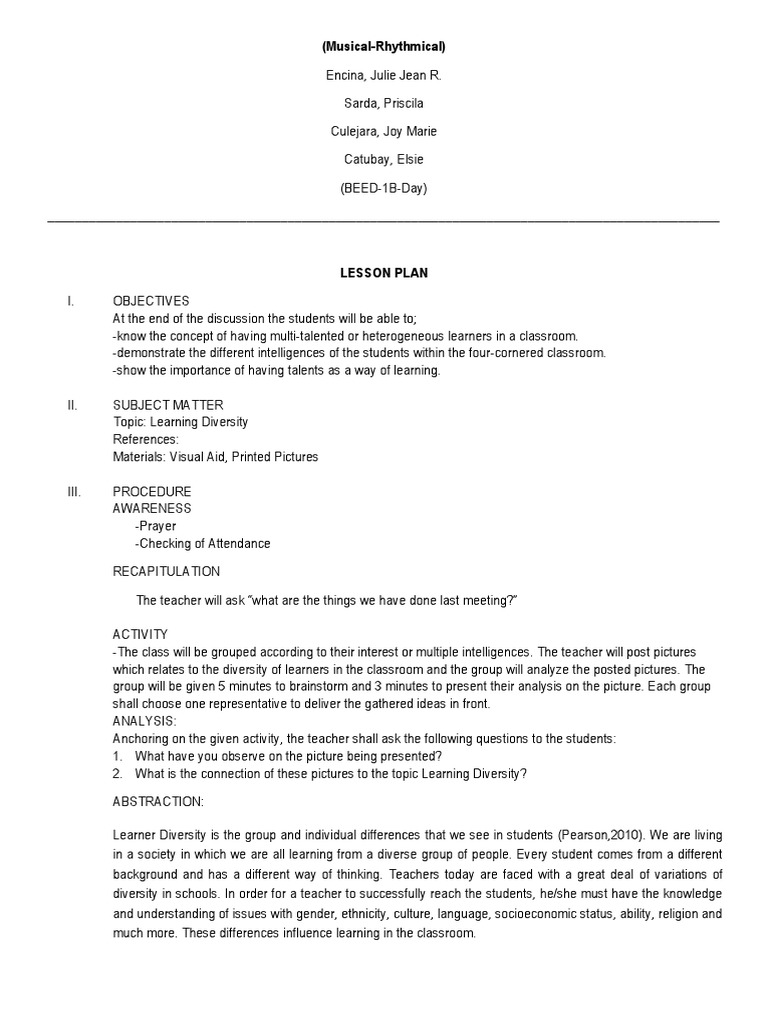 Lesson Plan in Facilitating Learner-Centered | PDF | Lesson Plan ...