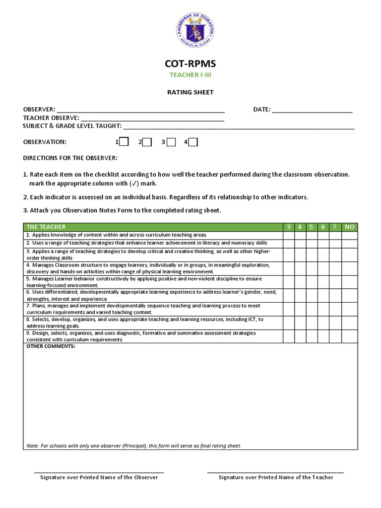 Cot RPMS Observation Forms | PDF | Curriculum | Learning