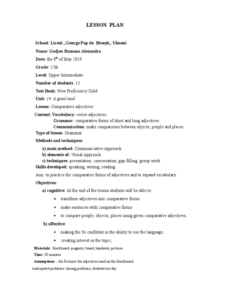 Comparative Adjectives Lesson Plan | PDF | Cognition | Learning