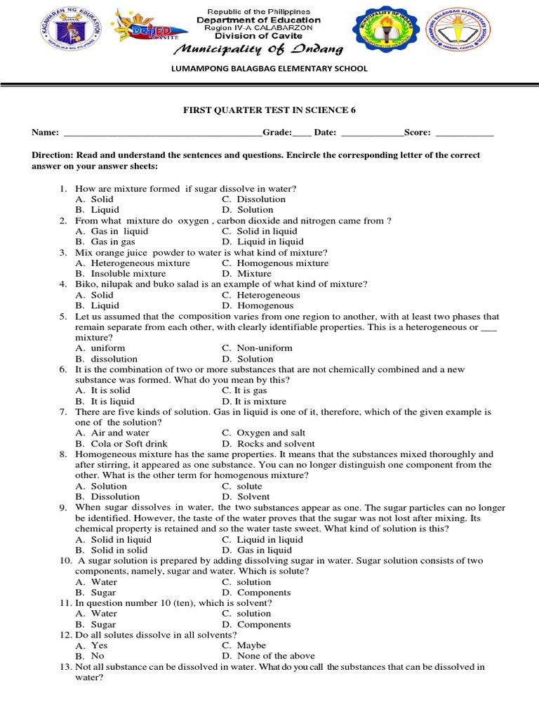 Science 6 First Quarter Test Guide | PDF | Solution | Solvation