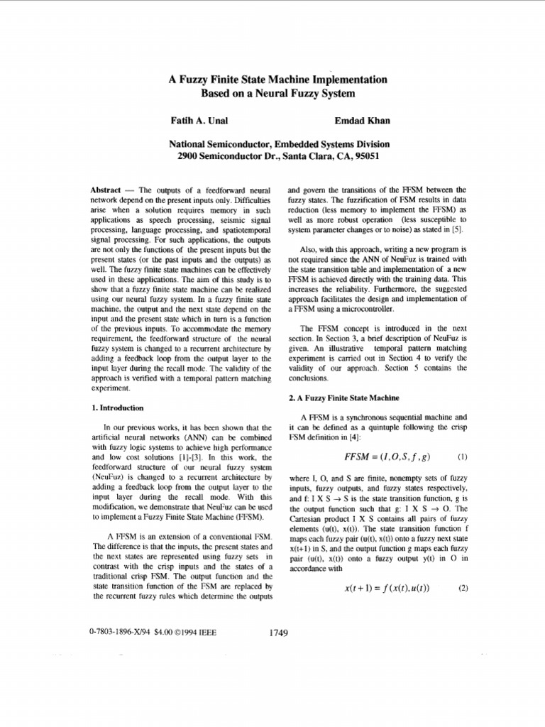 A Fuzzy Finite State Machine Implementation Based On A Neural Fu Pdf Fuzzy Logic