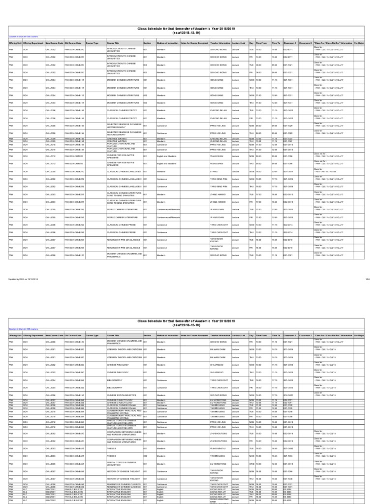 Class Schedules For 2nd Sem of AY2018-2019 PDF | PDF | Standard Chinese ...