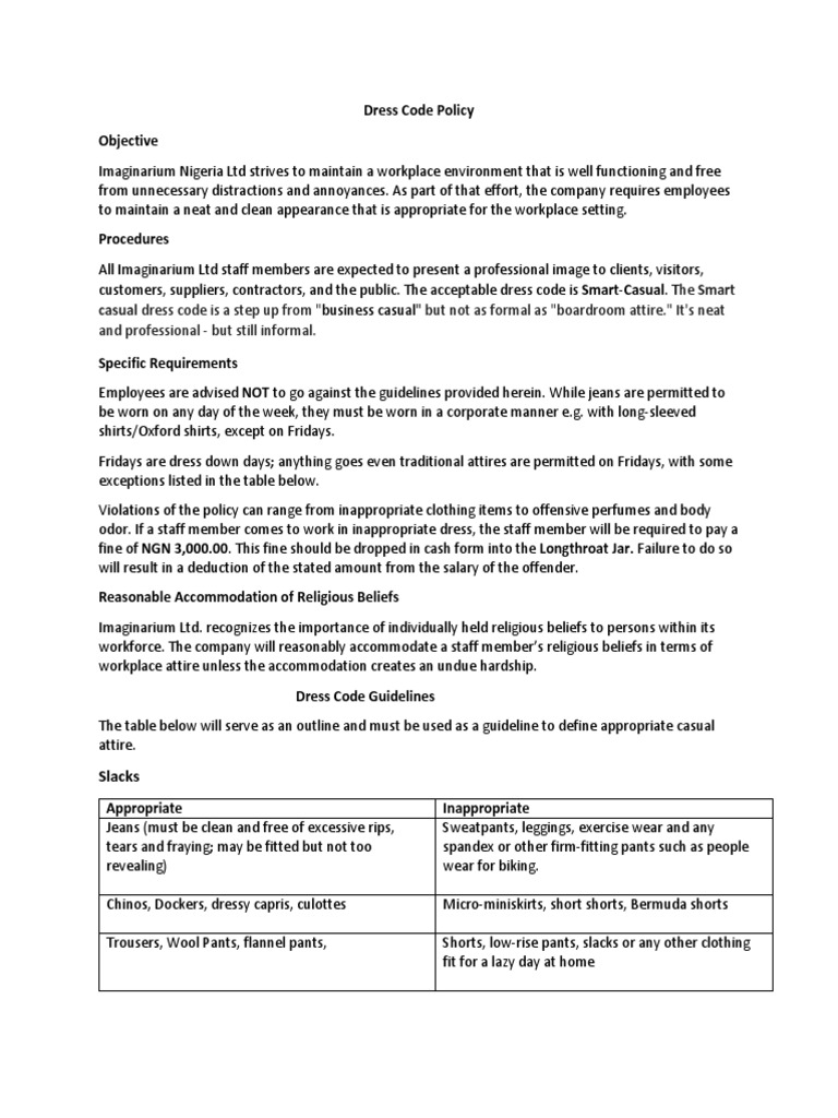 Dress Code Policy | PDF | Sweater | Trousers