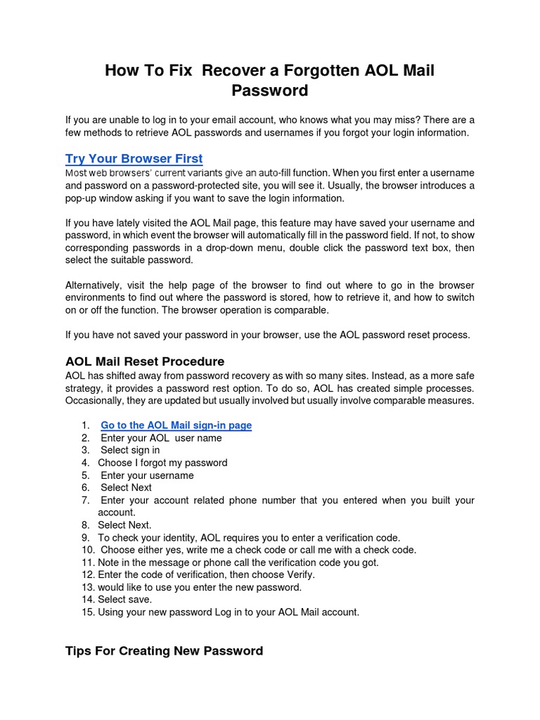 How To Easily Recover A Forgotten AOL Mail Password | PDF | Login ...