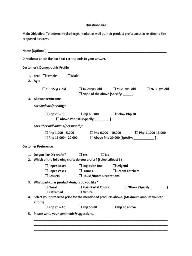 DIY Craft Shop Questionnaire | PDF
