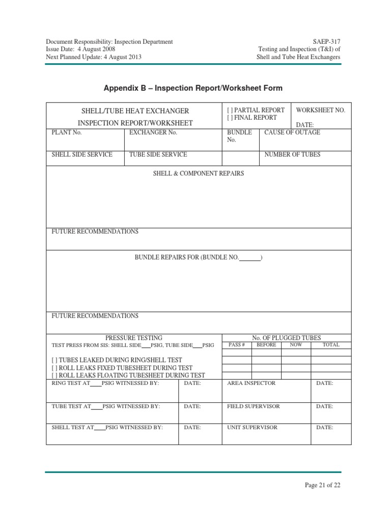 Appendix B - Inspection Report/Worksheet Form | PDF | Leak | Pipe ...