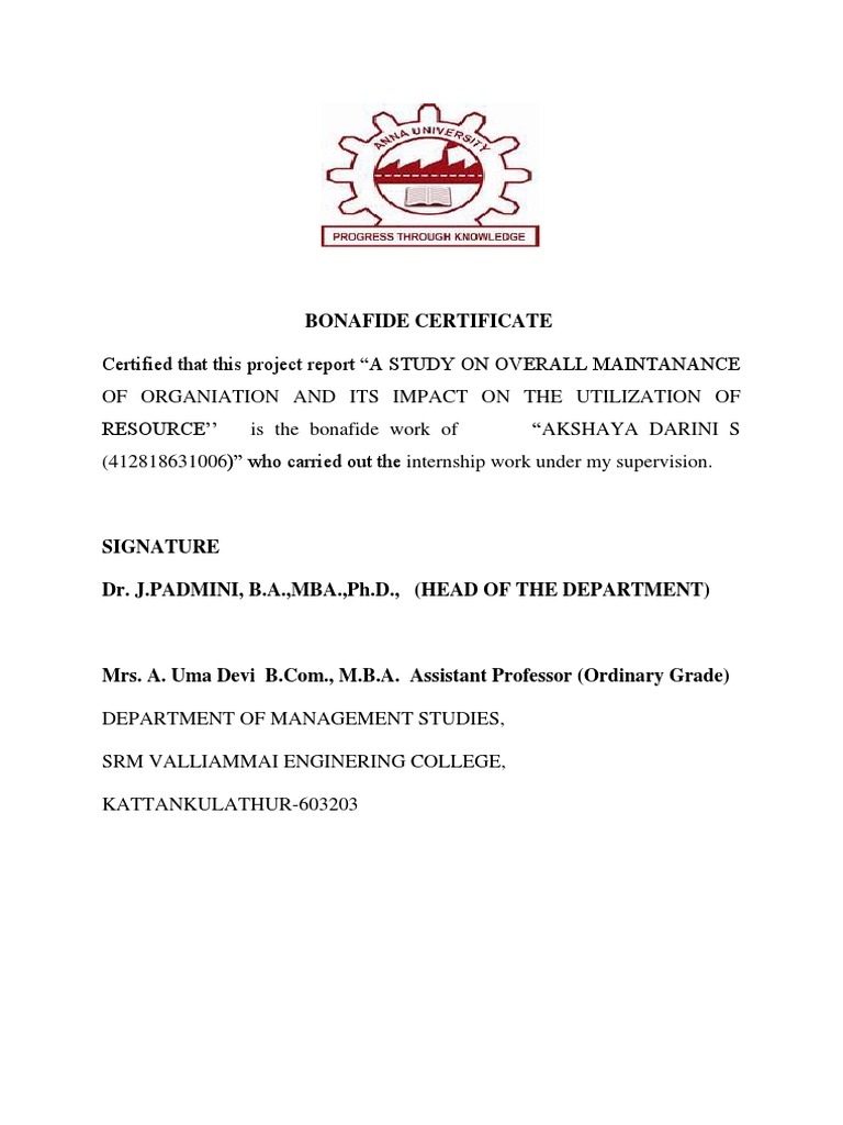 Bonafide Certificate Pdf Doctor Of Philosophy Master Of Business