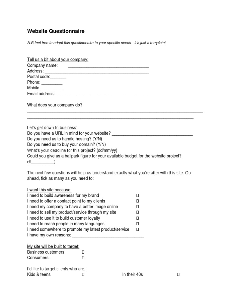 Website Questionnaire: N.B Feel Free To Adapt This Questionnaire To ...
