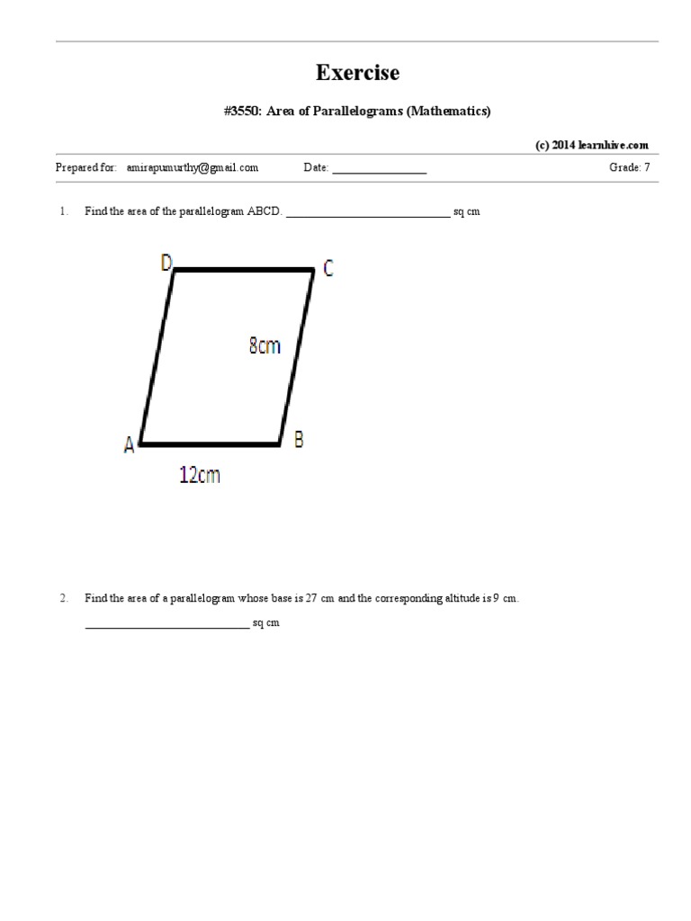 Area of Parallelogram Exercises for Grade 7 | PDF | Area | Geometry
