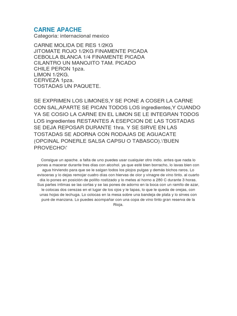 Carne Apache | PDF | Cocina, comidas y vino | Hogar, jardinería y bricolaje