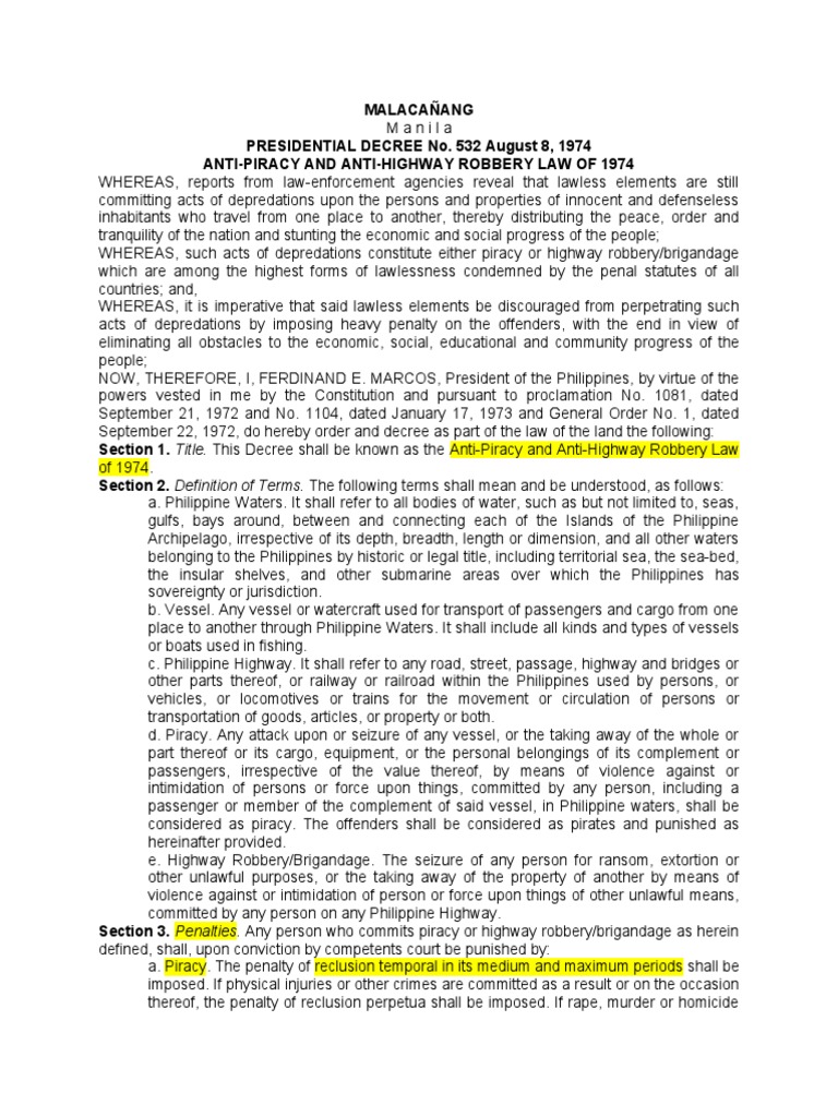 PD 532 Anti Piracy And Anti Highway Robbery Law Of 1974 PDF