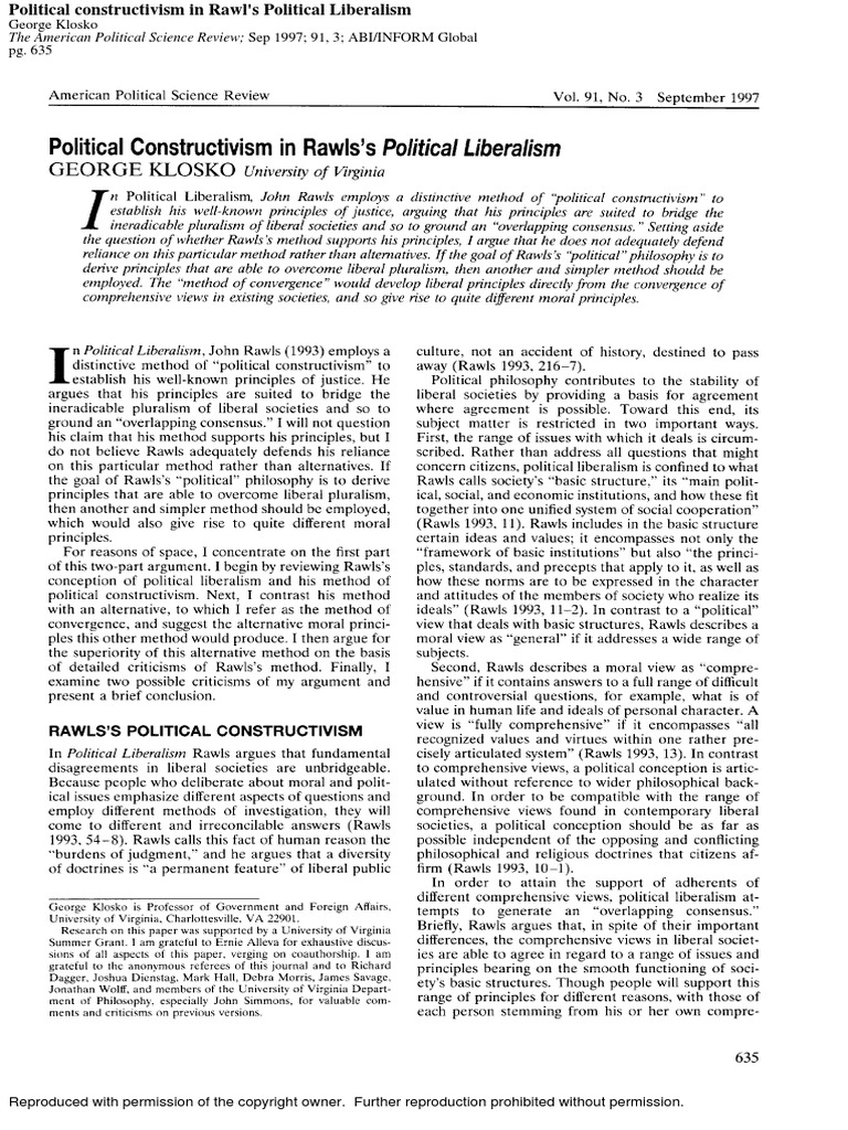 Political Constructivism in Rawl's Political Liberalism George Klosko ...