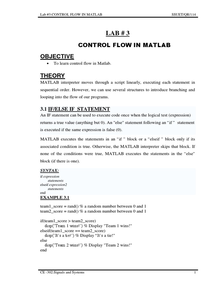 Control Flow in Matlab Objective: 3.1 If/Else If Statement | PDF | Control Flow | Software ...