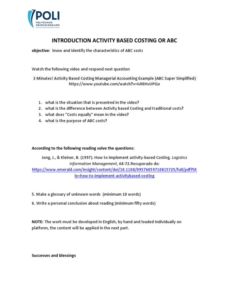 Introduction Activity Based Costing or Abc: Objective: Know and ...