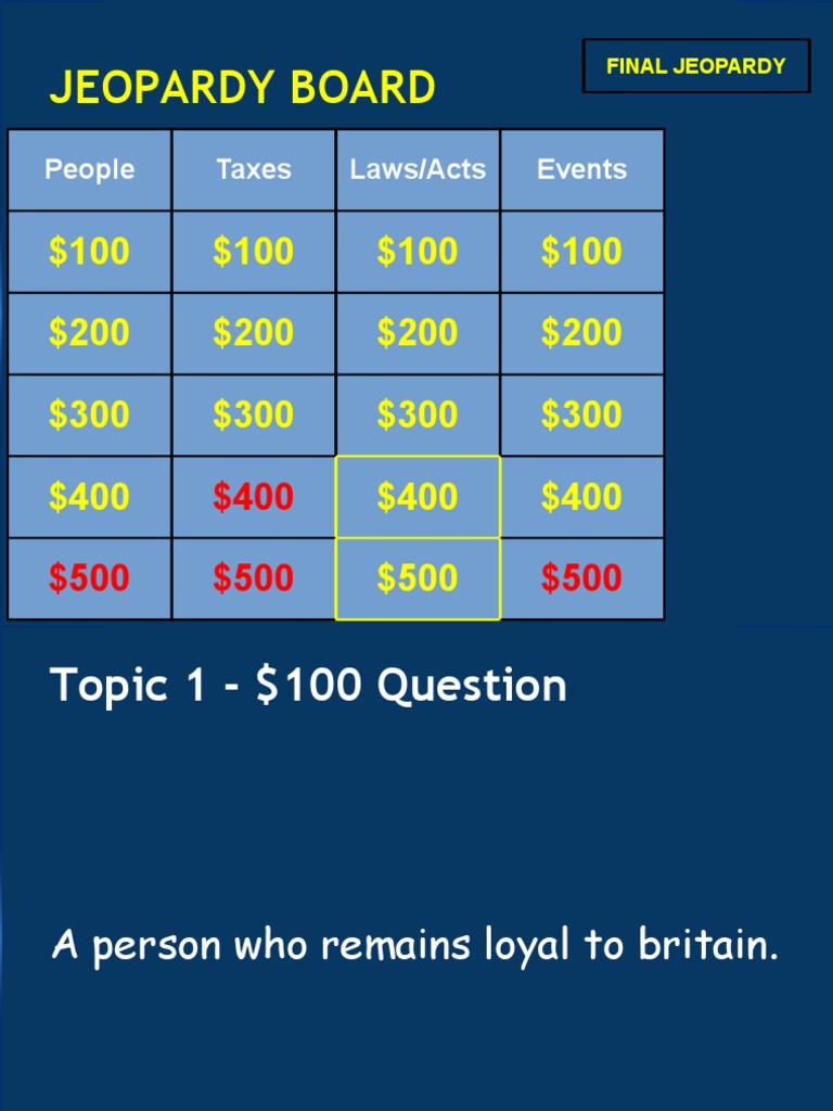 American Revolution Jeopardy Game | PDF | American Revolution ...