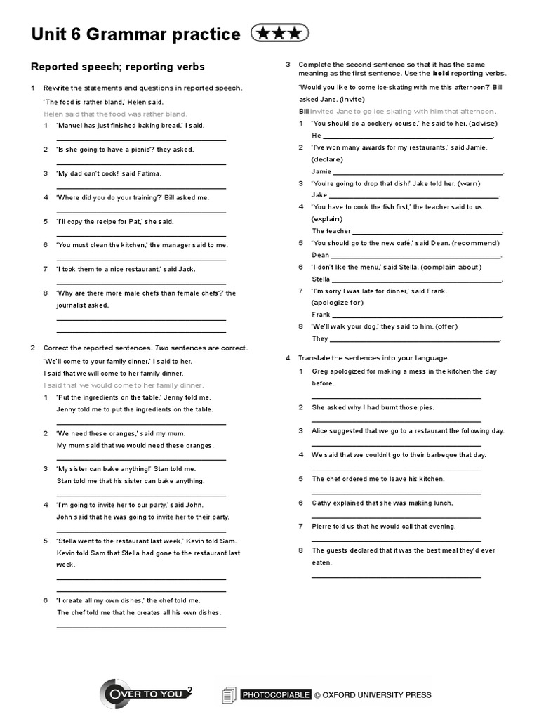 Unit 6 Grammar Practice: Reported Speech Reporting Verbs | PDF | Food ...