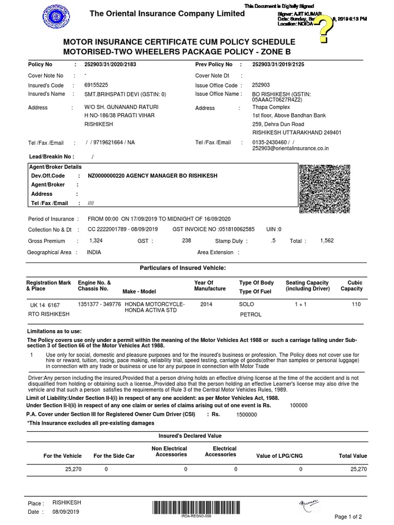 Insurance Scooter 2019-2020 | PDF | Deductible | Insurance