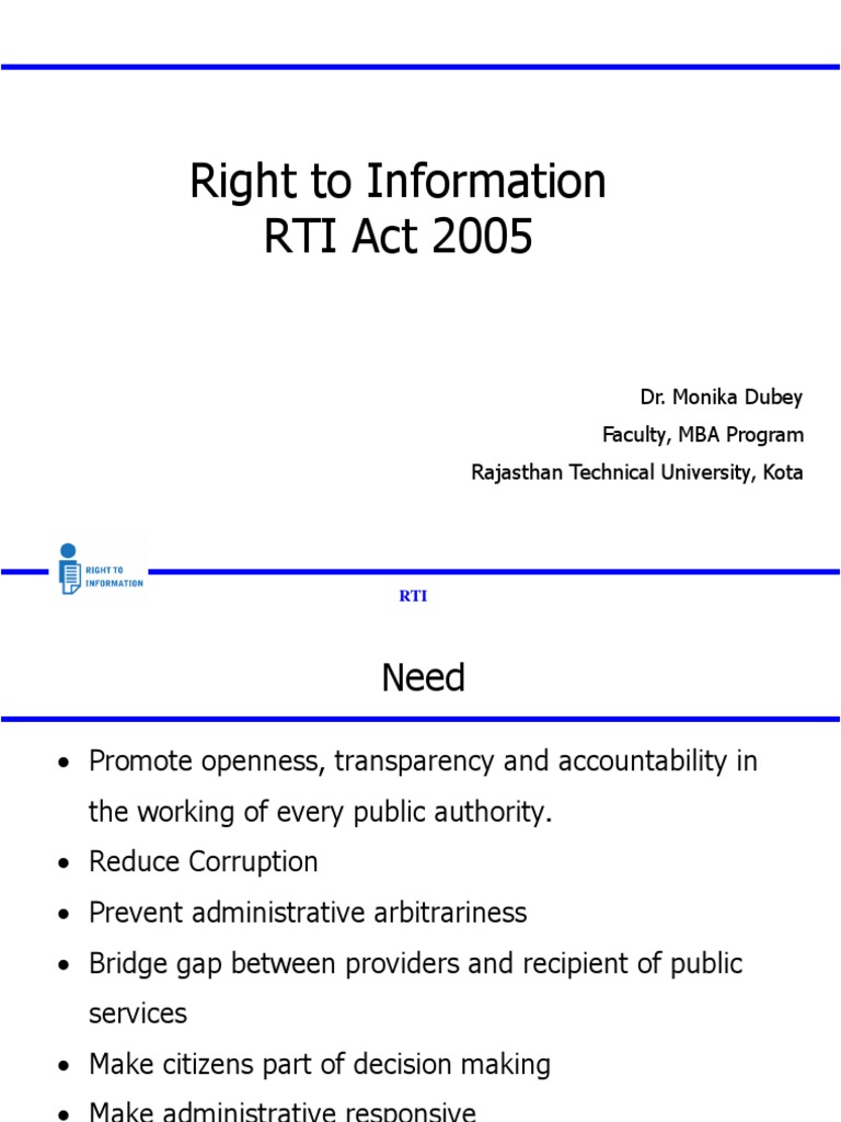 Right To Information RTI Act 2005: Dr. Monika Dubey Faculty, MBA ...