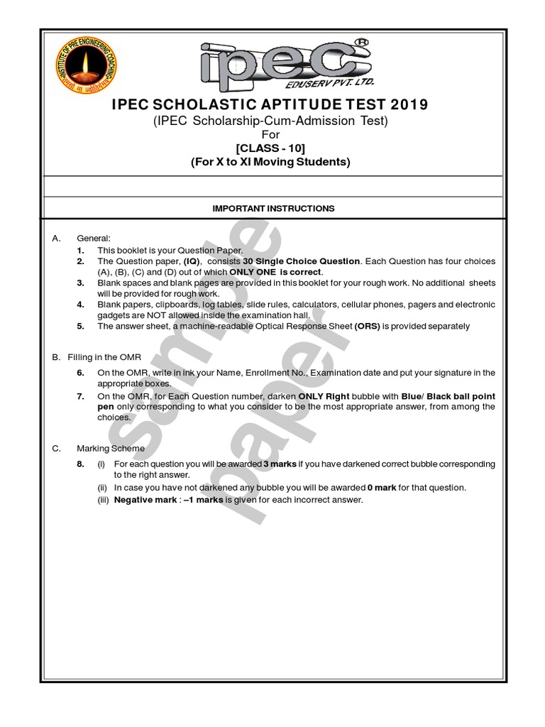 M P Le P Ap Er: Ipec Scholastic Aptitude Test 2019 | PDF | Lens (Optics ...
