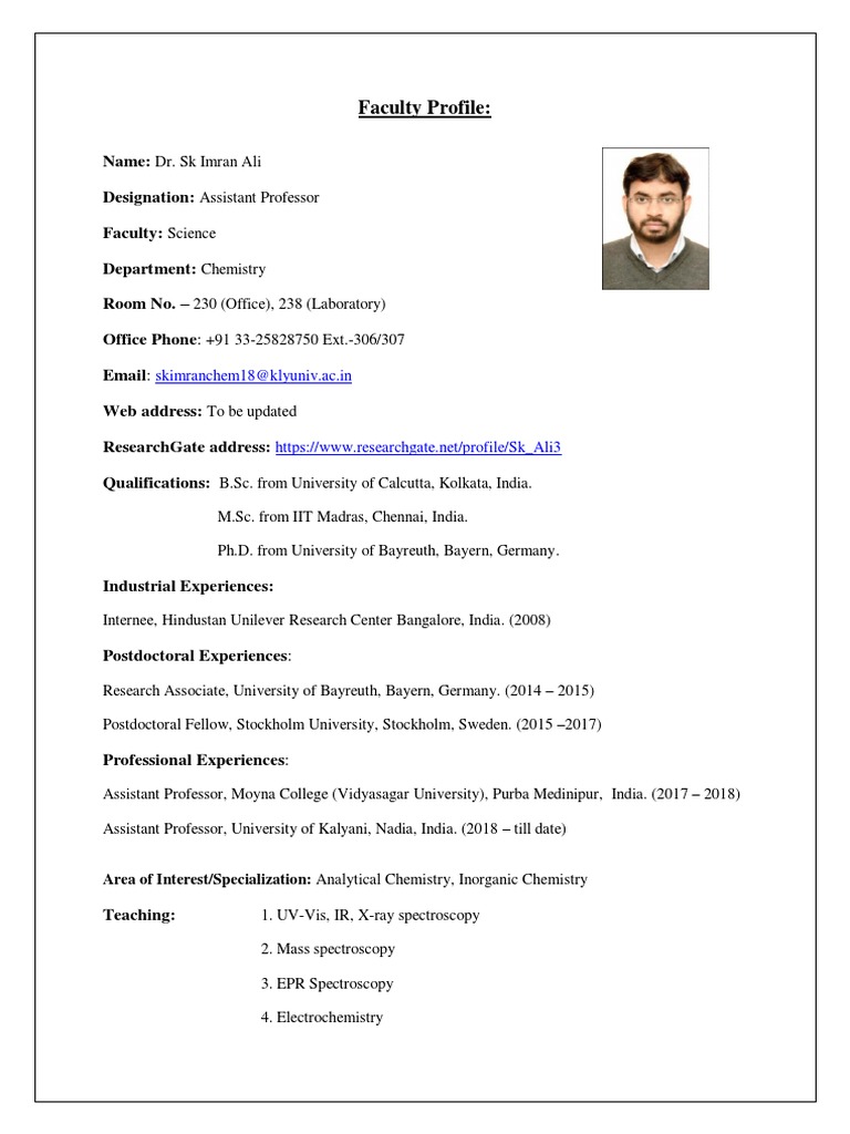 Faculty Profile SK Imran Ali PDF | PDF | Spectroscopy | Chemistry