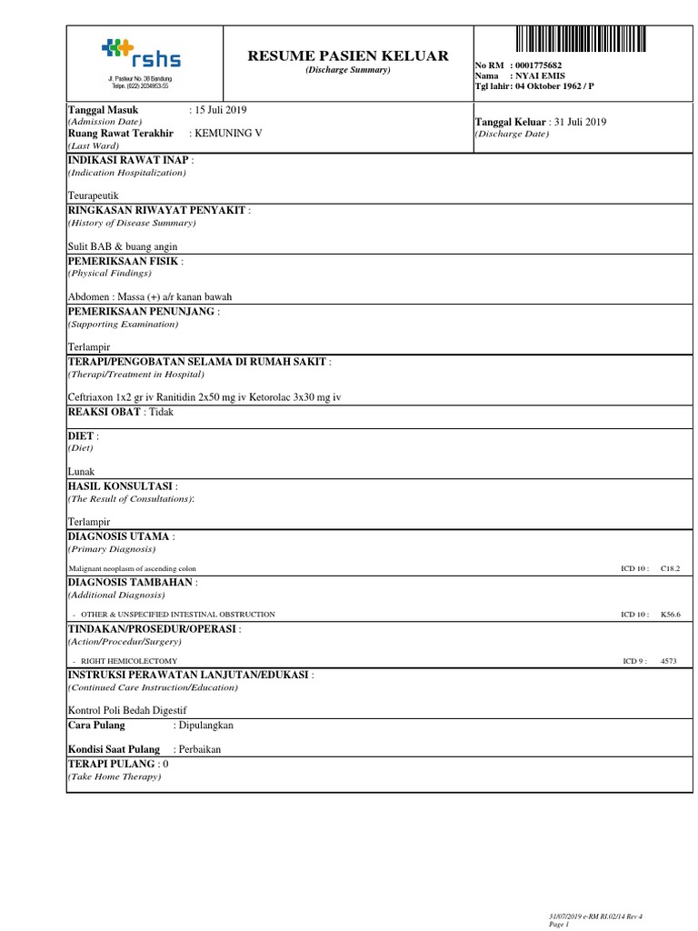 Resume Pasien BA - Ny. Nyai Emis | PDF