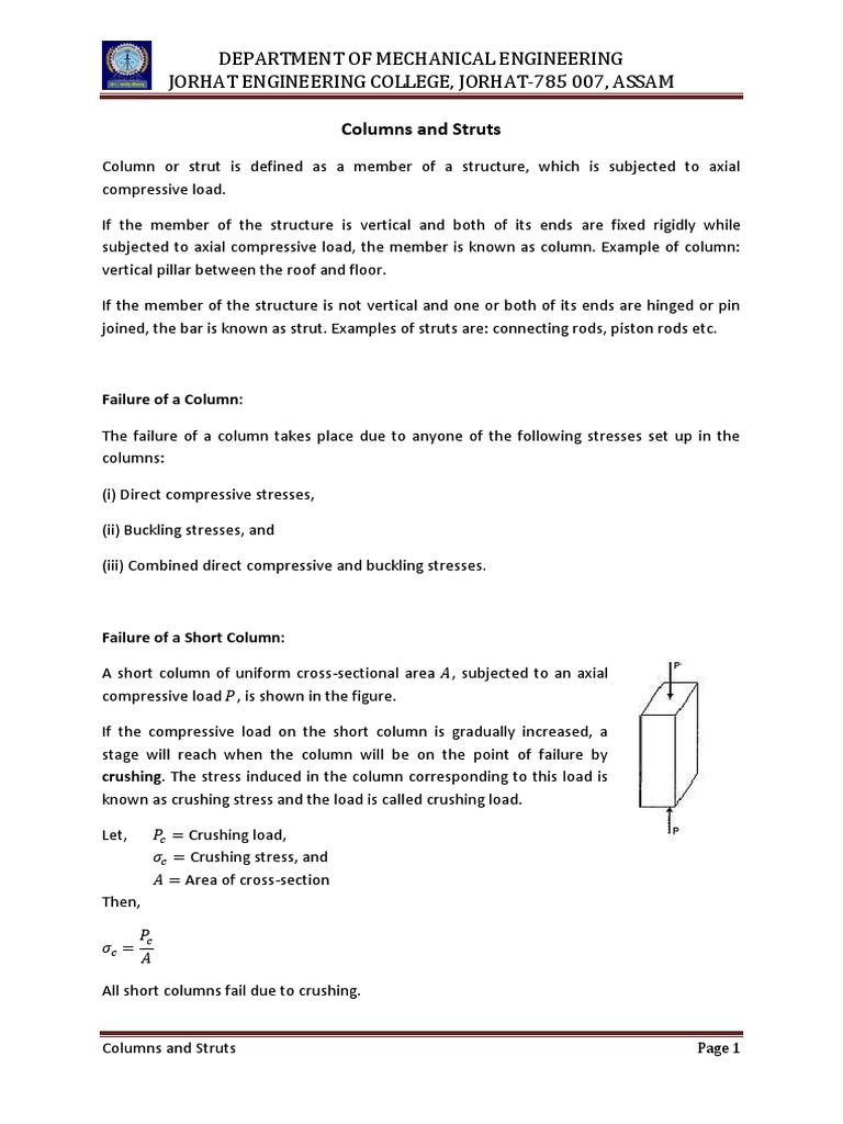 Column and Strut (Class Notes) | PDF | Buckling | Column