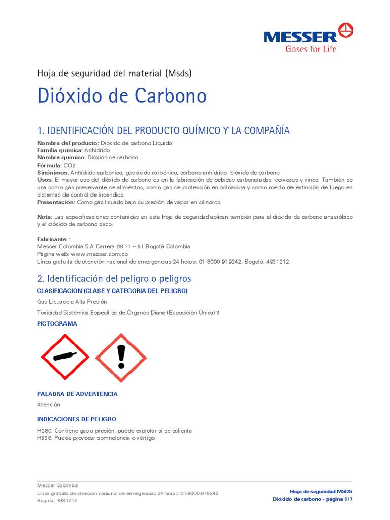 Hoja de Seguridad Msds Diòxido de Carbono | PDF | Dióxido de carbono ...