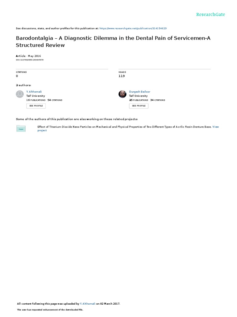 Barodontalgia A Diagnostic Dilema in The Dental Pain | PDF | Mouth ...