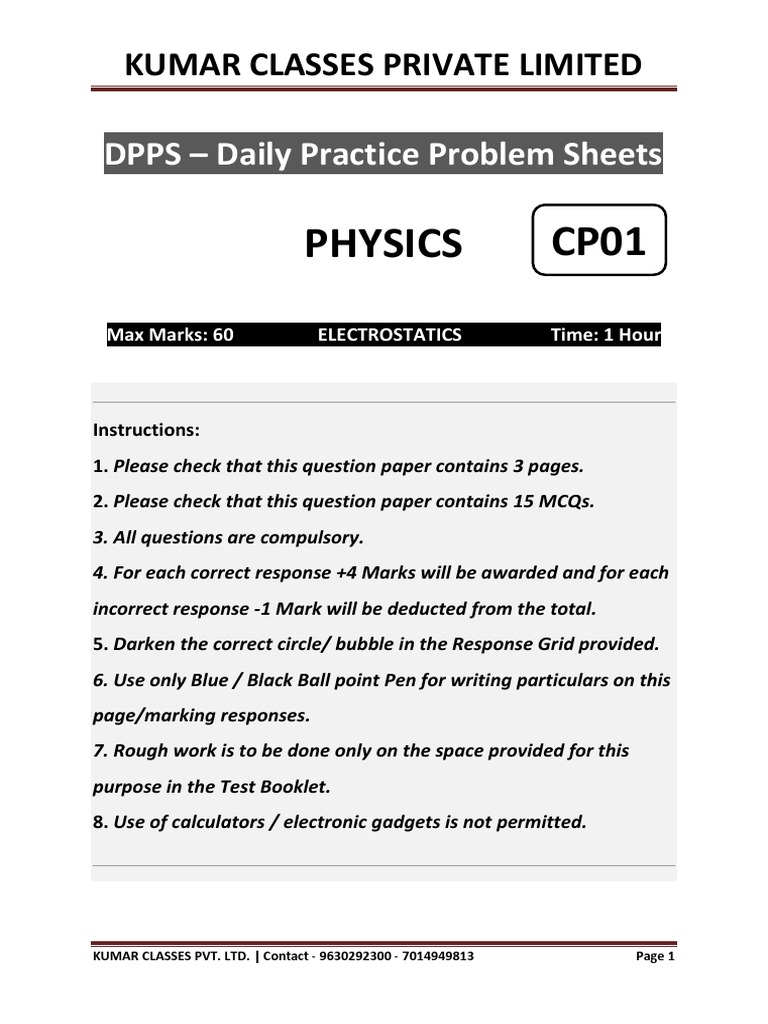 Physics CP01: DPPS - Daily Practice Problem Sheets | PDF | Electric ...