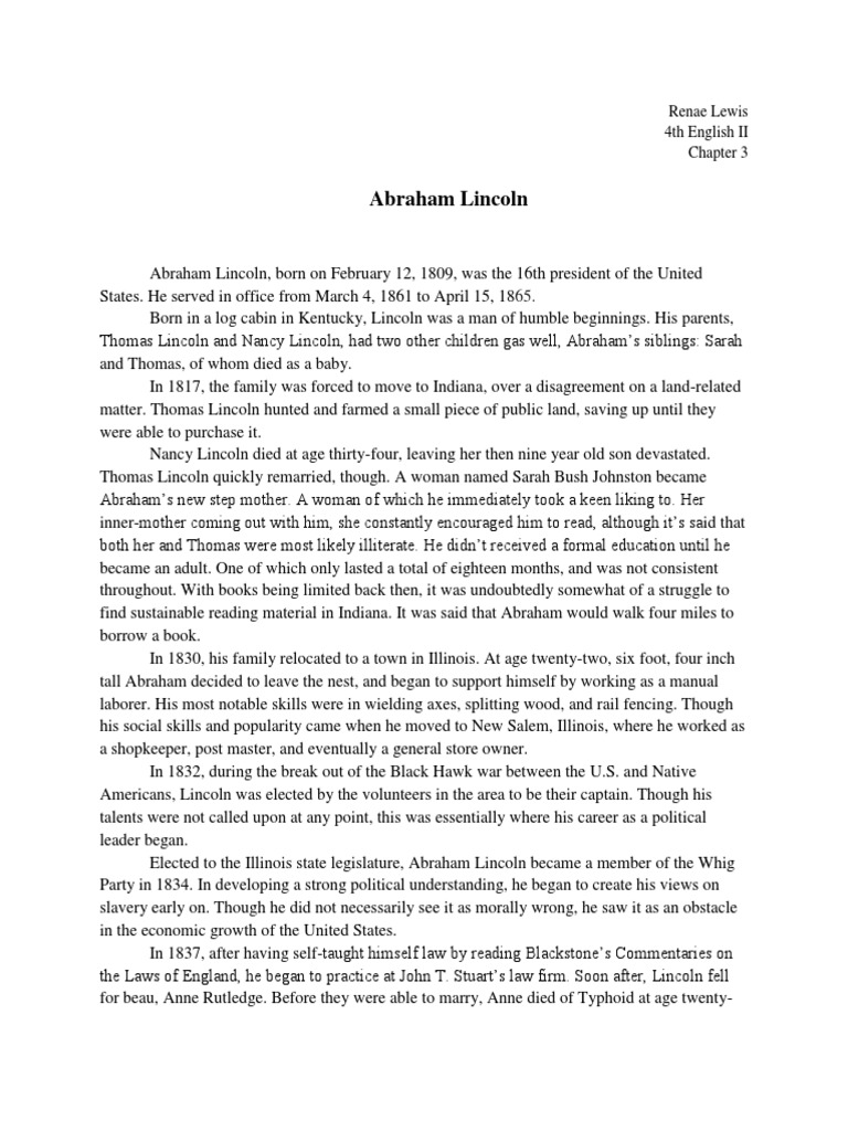 Abraham Lincoln: Renae Lewis 4th English II | PDF | Abraham Lincoln ...