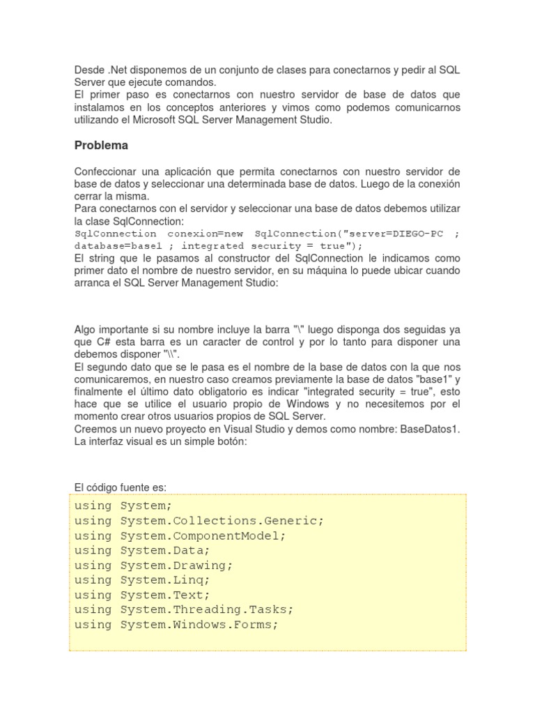 Conecta SQL Con C# | PDF | Servidor SQL de Microsoft | C Sharp ...