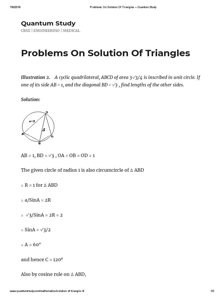 Problems On Solution of Triangles - Quantum Study | PDF