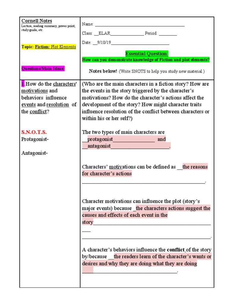 Completed Copy of 19-20 Fiction Cornell Notes 1 | PDF | Plot (Narrative ...