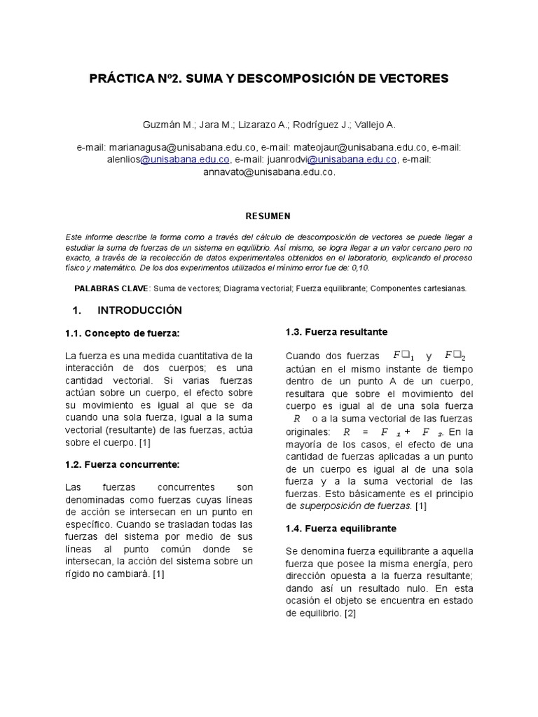 Informe N. 2 Suma y Descomposición de Vectores | Descargar gratis PDF | Vector Euclidiano | Fuerza