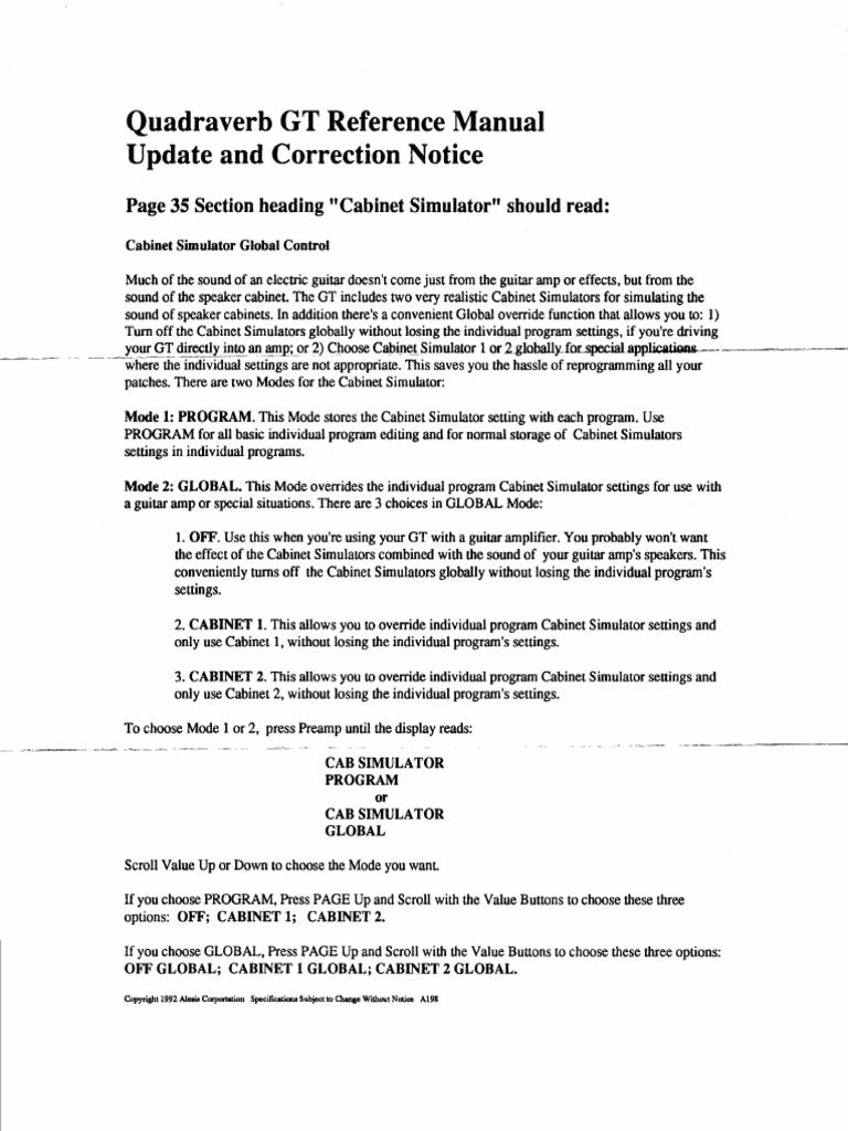 Quadraverb GT Reference Manual Update and Correction Notice: 35 Section Heading "Cabinet ...