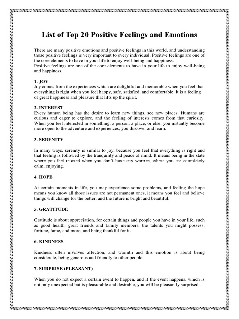List of Top 20 Positive Feelings and Emotions | PDF | Feeling | Contentment