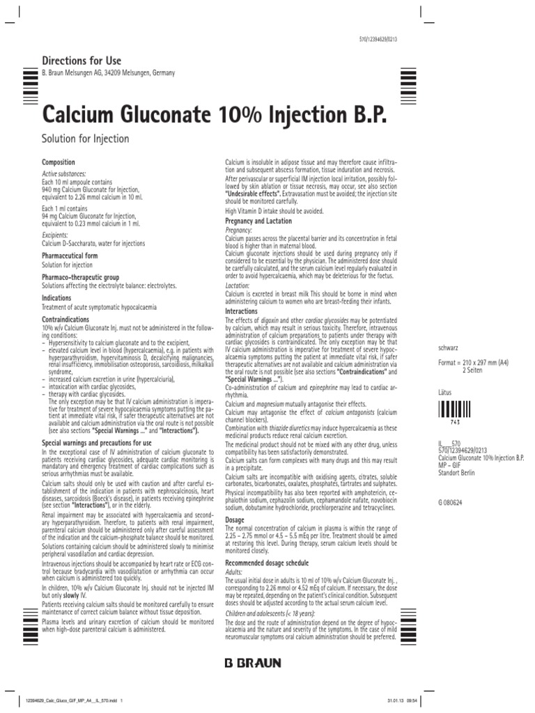 Calcium Gluconate 10 Injection B.P DR 1433675212243 | PDF | Intravenous ...