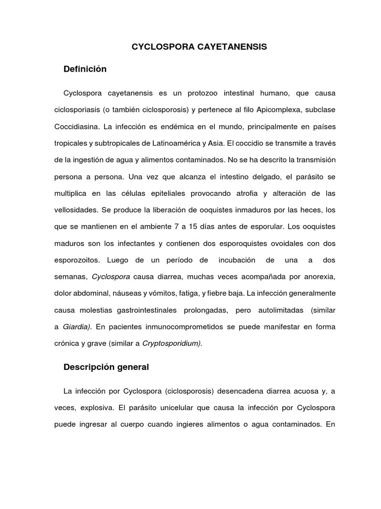Ciclospora Cayetanensis | PDF | Diarrea | Especialidades Medicas