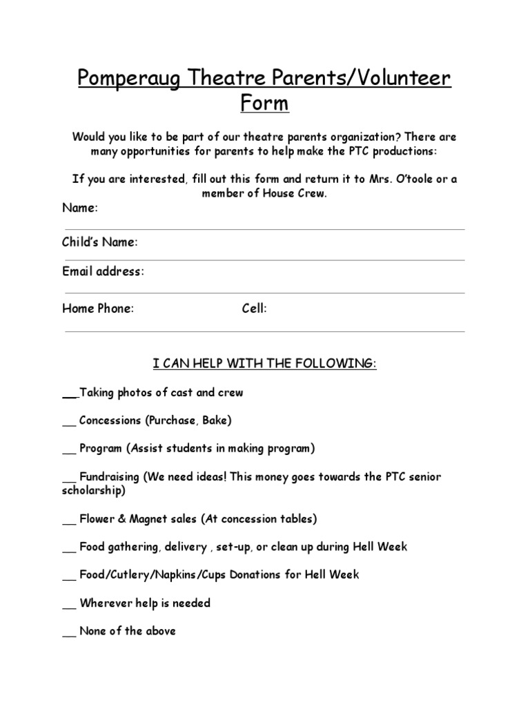 PTC Parents Volunteer Form | PDF | Wellness