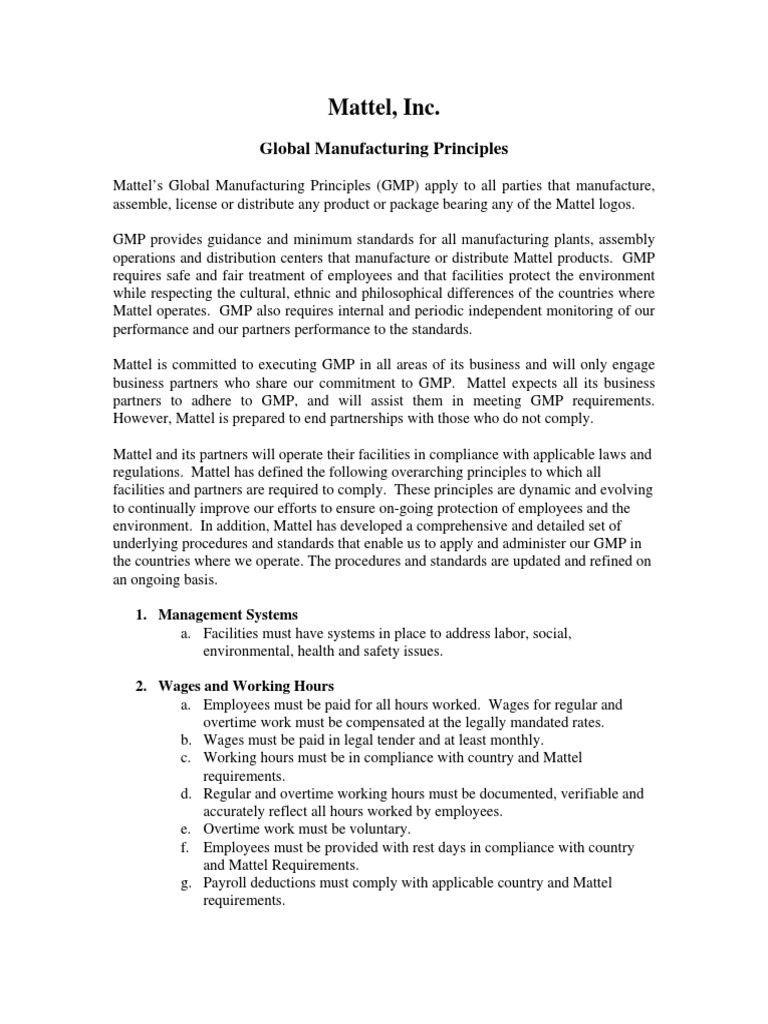 Mattel, Inc.: Global Manufacturing Principles | PDF | Overtime | Employment