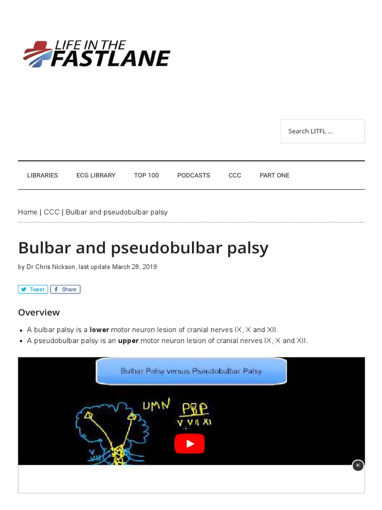 Bulbar and Pseudobulbar Palsy: Search LITFL .. | PDF | Nervous System ...