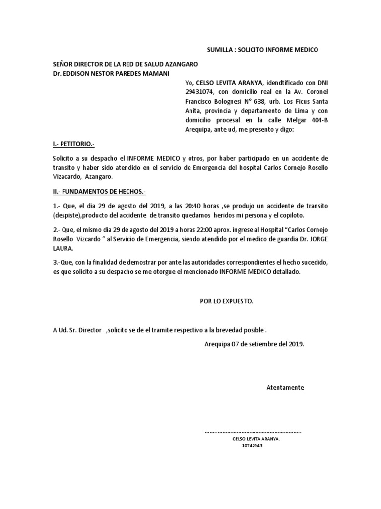 Sumilla Solicito Informe Medico | PDF | Violencia | Agitación