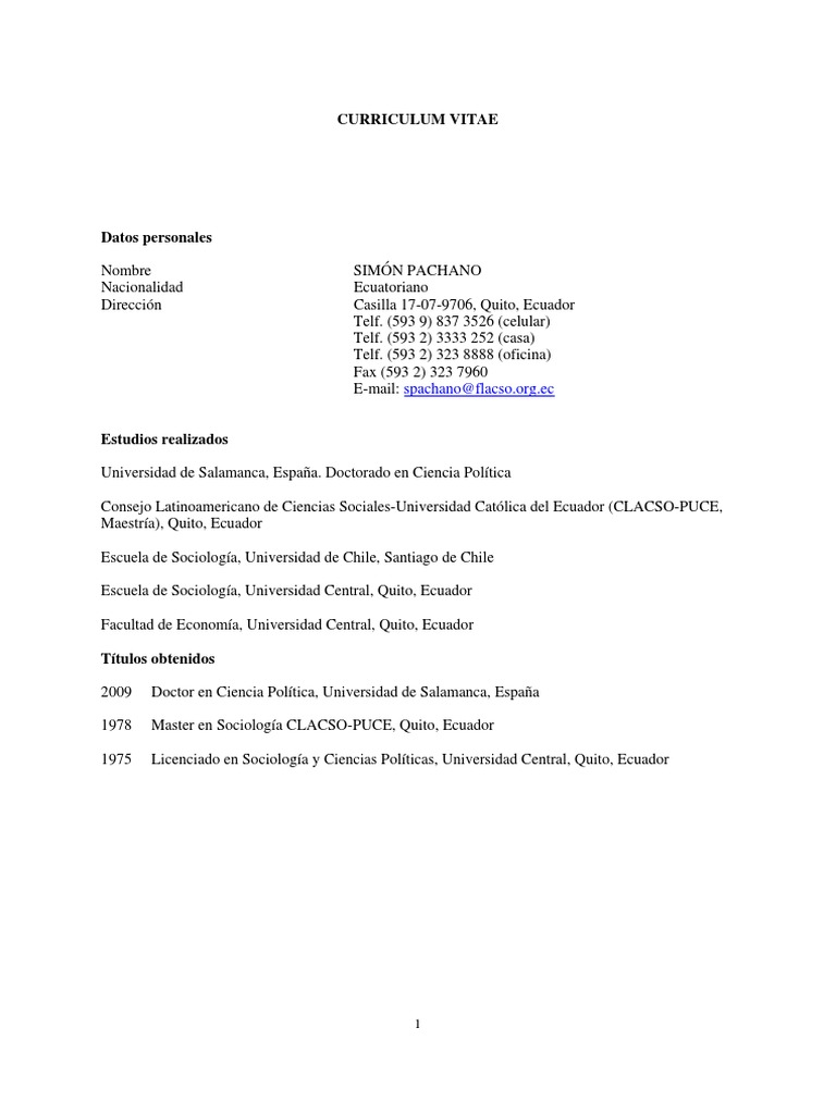 Currículum de Simón Pachano | PDF | Ecuador | America latina